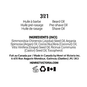 HENRI ET VICTORIA Beard Oil Fragrance-Free, Unscented | Canadian Made by Skilled Artisan | Moisturizing, Non-Greasy, Natural Ingredients | 28g (1oz)