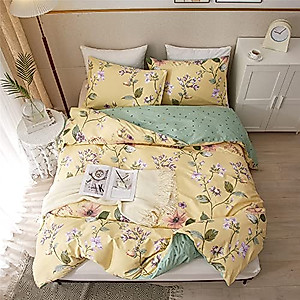 PinkMemory Queen Duvet Cover Yellow Garden Floral 100% Cotton,Reversible Yellow and Green Flower Pattern Bedding Duvet Cover Set Full Queen with Pillowcases Soft Durable Zipper-No Comforter Insert