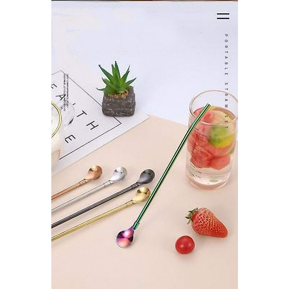 7PCS Metal Spoon Straws Drinking Spoons with 2 Cleaning Brushes 8.5”Reusable Bar Spoon Straw for Iced Coffee Frozen Drink Milkshake Smoothies Sundaes Cocktail Mixing Stirring and Drinking