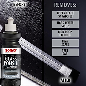 SONAX PROFILINE Glasspolish (250 ml) - Removes Slight Scratches, Blinding and Etching from Car Windows Made from Glass. Silicone Free | Item No. 02731410