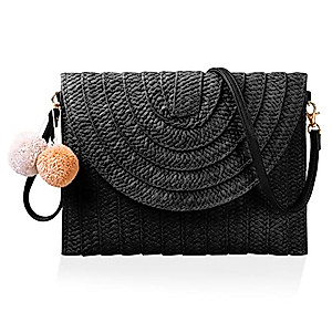 Reavor Straw Clutch Purse, Straw Handbags For Summer 2022, Beach Bags For Women, Black