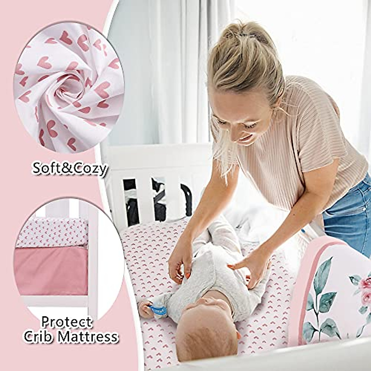 Honkaii Swan Crib Bedding Set for Girls 3pcs, Crib Sheet, Crib Skirt, Crib Quilt Included, Pink Crib Sets