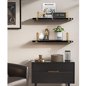 Afuly Black Floating Shelves for Wall, Gold Shelf for Home Decor, 16 inch Wall Mounted Shelves for Living Room Bedroom Bathroom, Modern Luxury Storage Display Marble Shelf