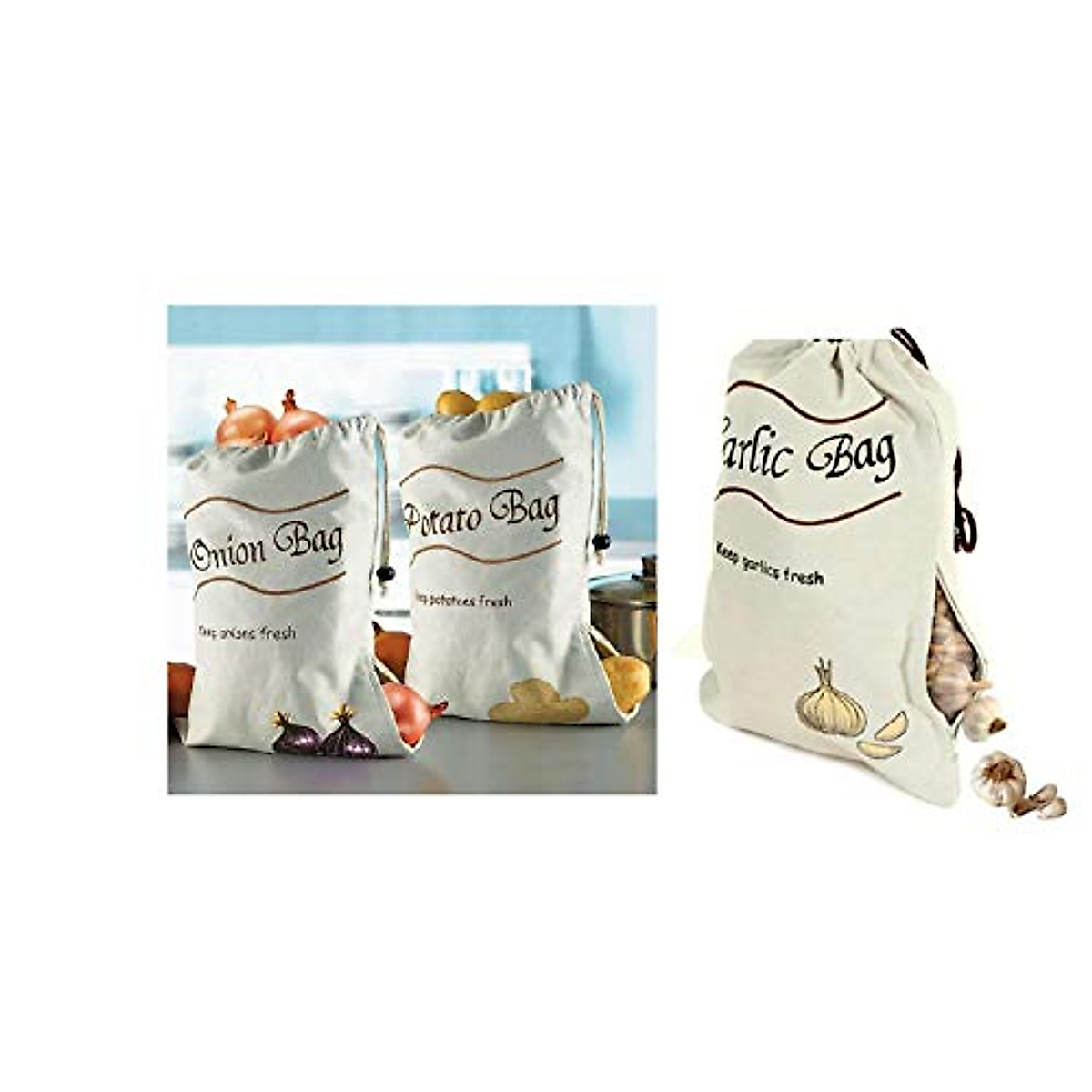 Dependable Industries Inc. Essentials 3 pack Onion Potato & Garlic Storage Bags Keeps Fresher Longer Drawstring Closure Side Zipper Blackout Interior