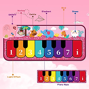 M SANMERSEN Piano Mat for Kids, Keyboard Music Dancing Play Mat with 5 Animal Sounds Electronic Touch Musical Playmat Game Toy Early Education Learning Toys Gift for Toddler Girls and Boys - Pink