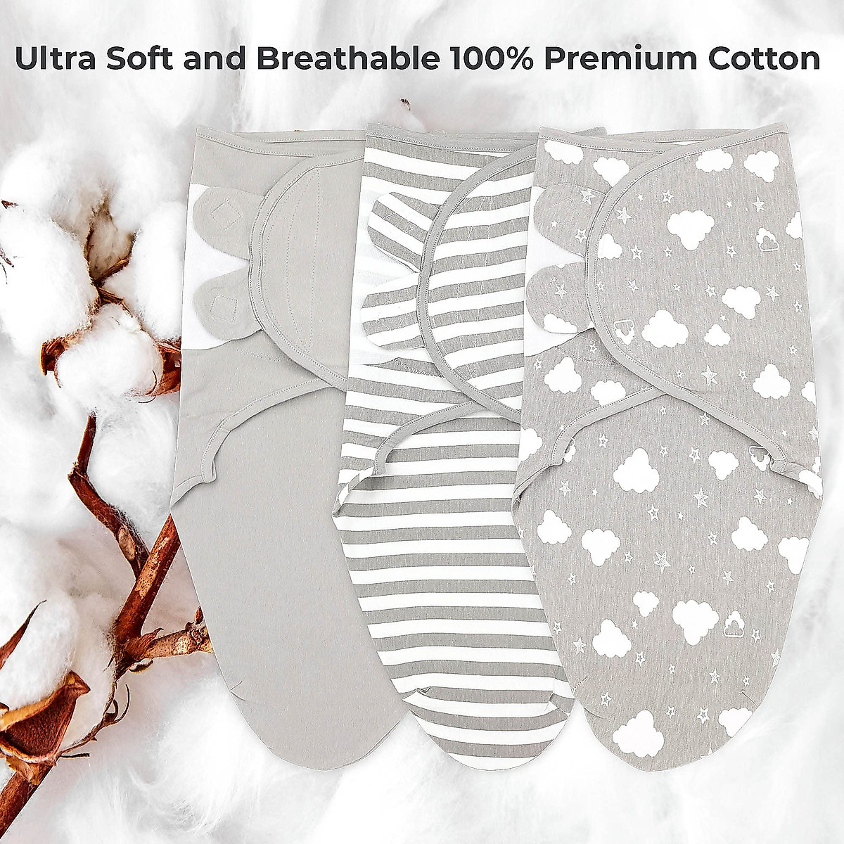 3-Pack Baby Swaddle Blanket Sleep Sacks, Newborn Swaddle Sack, Baby Swaddles 0-3 Months, Swaddles for Newborns, Baby Sleep Sack, Baby Swaddle Blanket Wrap, Grey