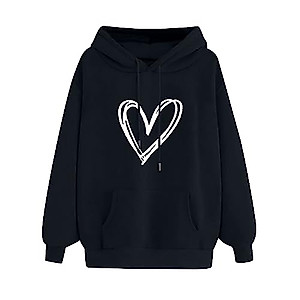ZunFeo crop sweatshirts for women women blak friday deals Hoodies for Teen Girls Cute Heart Graphic Pullover Tops Oversized Drawstring Sweatshirts Soft Y2k Top Black 3X