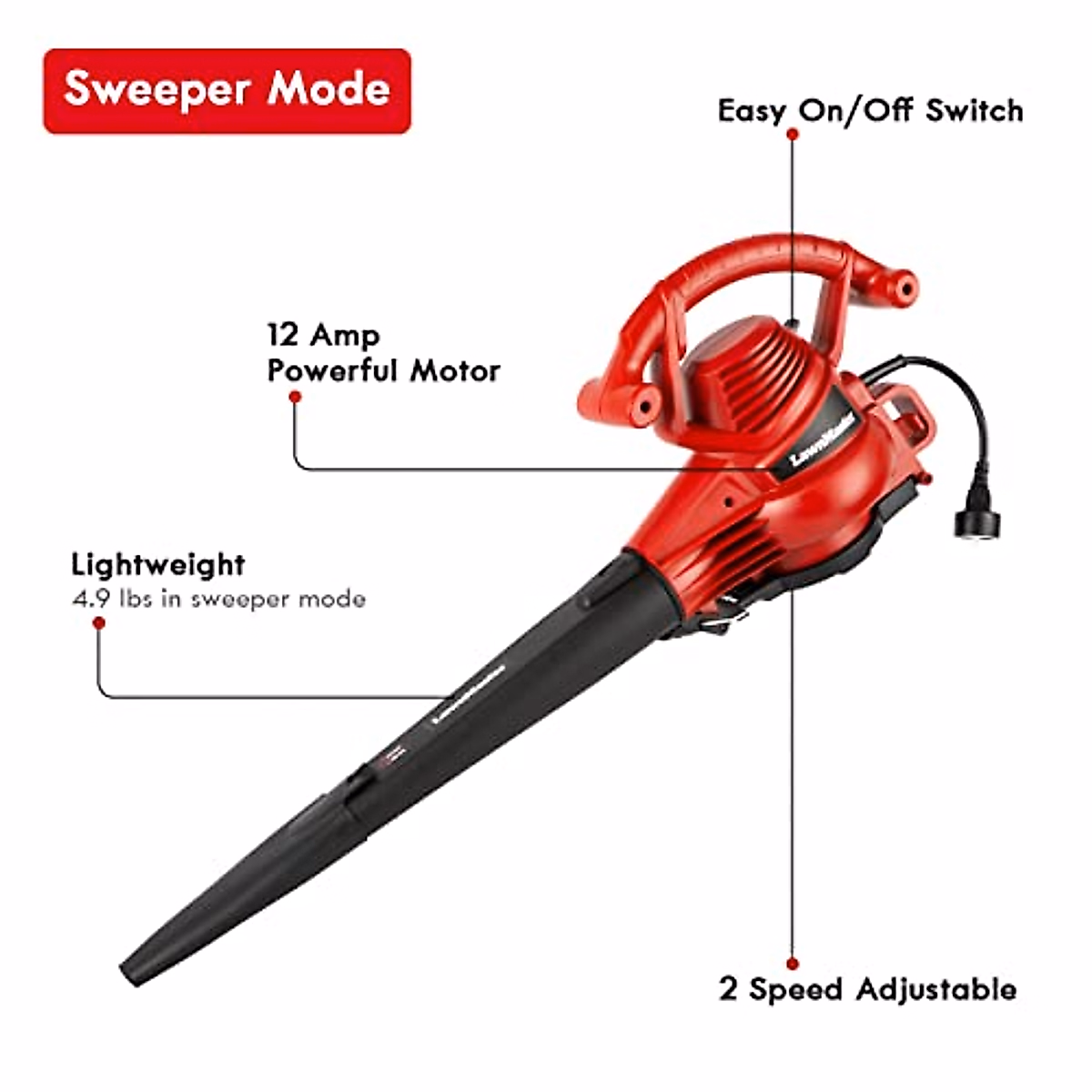 LawnMaster Red Edition BV1210 1201 Electric Blower Vacuum Mulcher 12 Amp 2-Speed Adjustment with Metal Impeller 240 MPH 380 CFM 14:1 Mulch Ratio