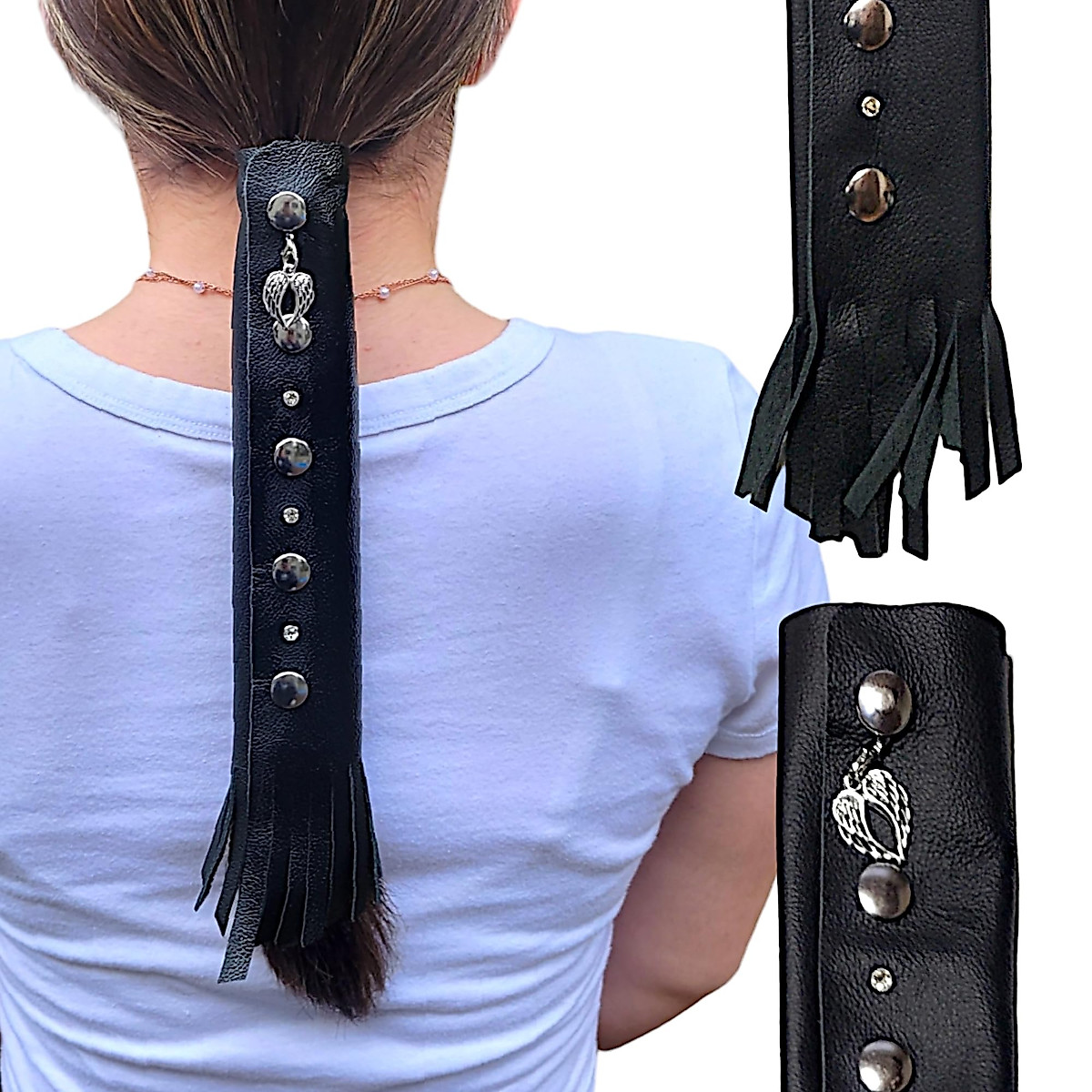 Black Leather Hair Wrap 8" Inch - Ponytail Wrap & Long Hair Protector for Biker Helmet | Motorcycle Accessories for Women with Fringe | Made in USA | Accessory