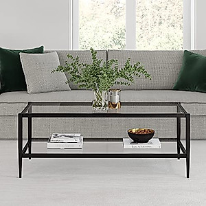 Henn&Hart 45" Wide Rectangular Coffee Table with Glass Shelf in Blackened Bronze, Modern Coffee Tables for Living Room, Studio Apartment Essentials & 20" Wide Square Side Table in Blackened Bronze