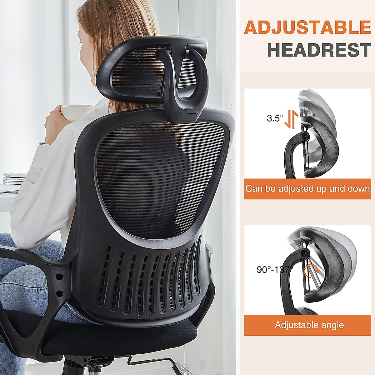 Sweetcrispy Office Computer Desk Chair, Ergonomic High-Back Mesh Rolling Work Chairs with Wheels and Adjustable Headrests, Comfortable Lumbar Support, Comfy Armrest for Home, Bedroom, Study,Black