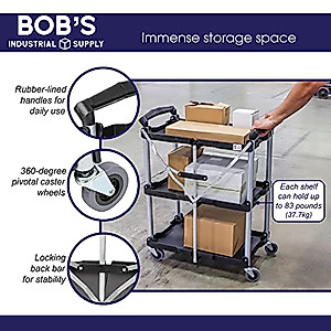 BISupply Fold Up Rolling Cart - 3 Tier Push Cart Collapsible Utility Carts with Wheels for Office, Warehouse, and Home