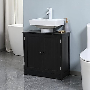 Bathroom Under Sink Vanity Cabinet Free Standing Pedestal Sink Storage Cabinet with 2-Door and Shelves Wood Under Sink Space Saver Organizer (Contemporary-Black)