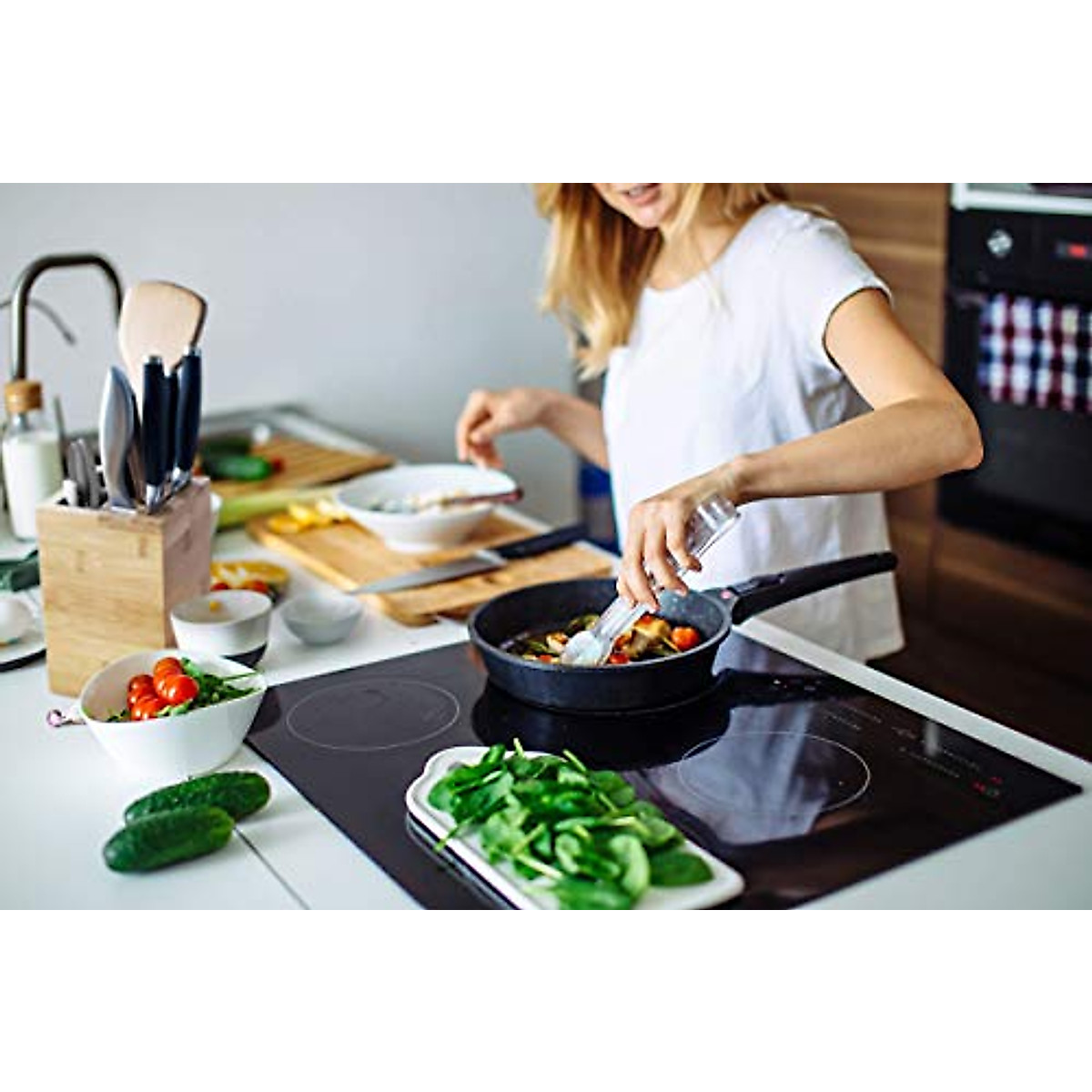 NEOKAVE Small Knife Block Holder- Bamboo Knife Utensil holder - Compact Knife Storage Organizer - Scissors, Utensil, Cleaver, Knife holder without knives for Kitchen Counter - for max 7" Blades