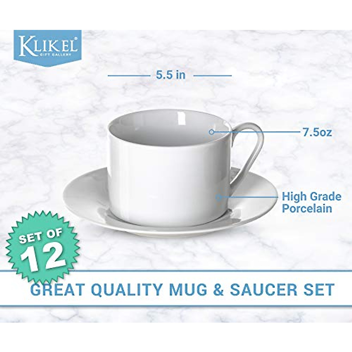 Klikel Tea Cups And Saucers Set - 6 Piece White Coffee Mug Set - 6 Inch Plates And 8.5oz Mugs - Cappuccino Cup And Saucer Set For Latte Café Mocha Espresso Bar