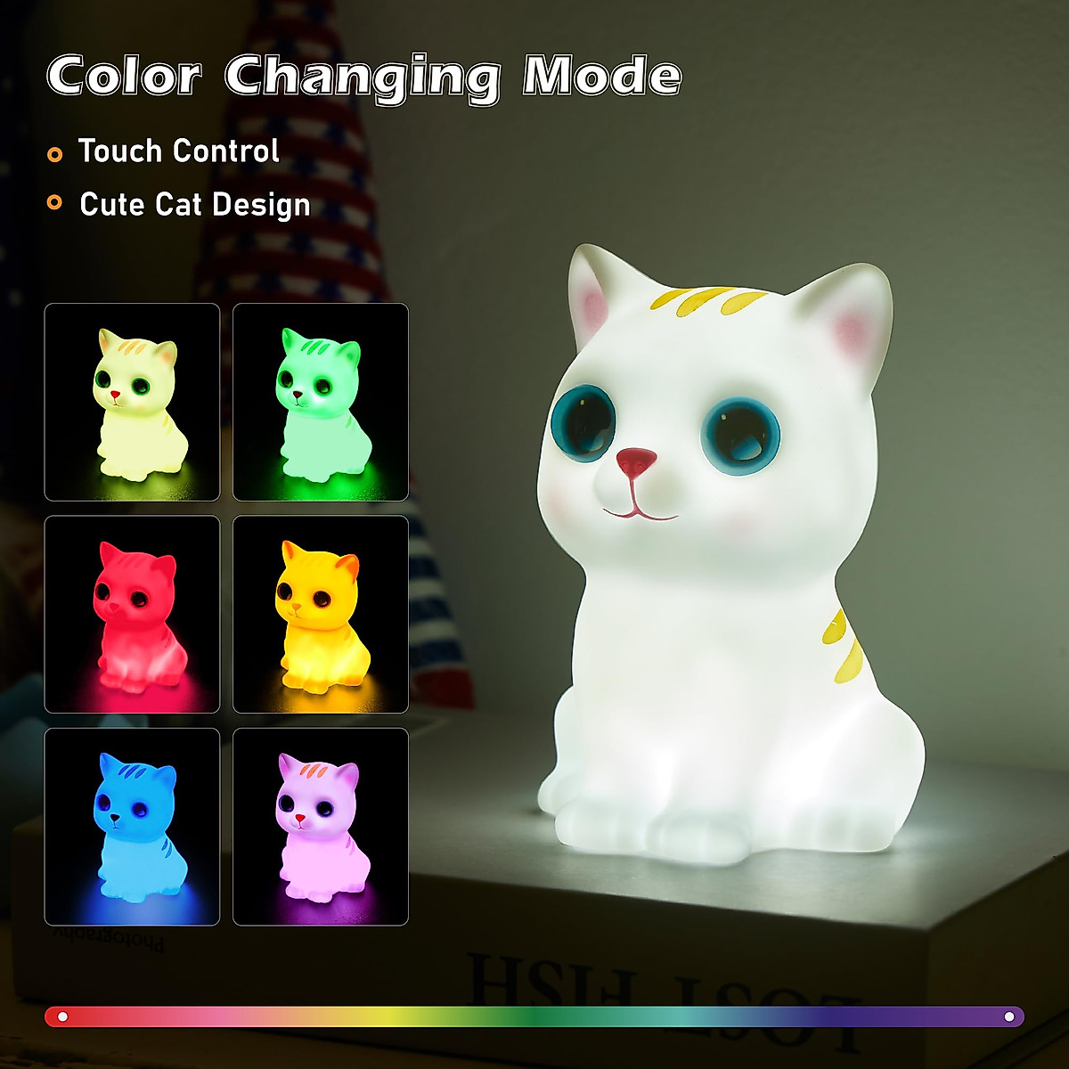 Fundoo Cute Cat Night Light, Rechargeable Kitty Night Light for Kids Room, Multicolor LED Cat Lamp Nightlight Gift for Adults Women Teen Baby Children Girls Boys