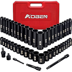 AOBEN 3/8-Inch Drive Impact Socket Set, 49 Pieces, 6 Point, SAE/Metric, (5/16" - 3/4", 8mm - 22mm), Deep/Standard, Cr-V Steel, Includes Extension Bars and Adapter