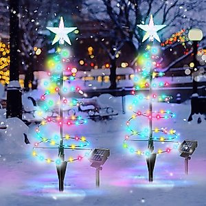 FANFX Solar Metal Christmas Tree Decoration Solar Spiral Christmas Tree led Light Waterproof Outdoor Solar Pathway Lights for Patio Garden Christmas Outdoors Decorations (Color, 2PCS)
