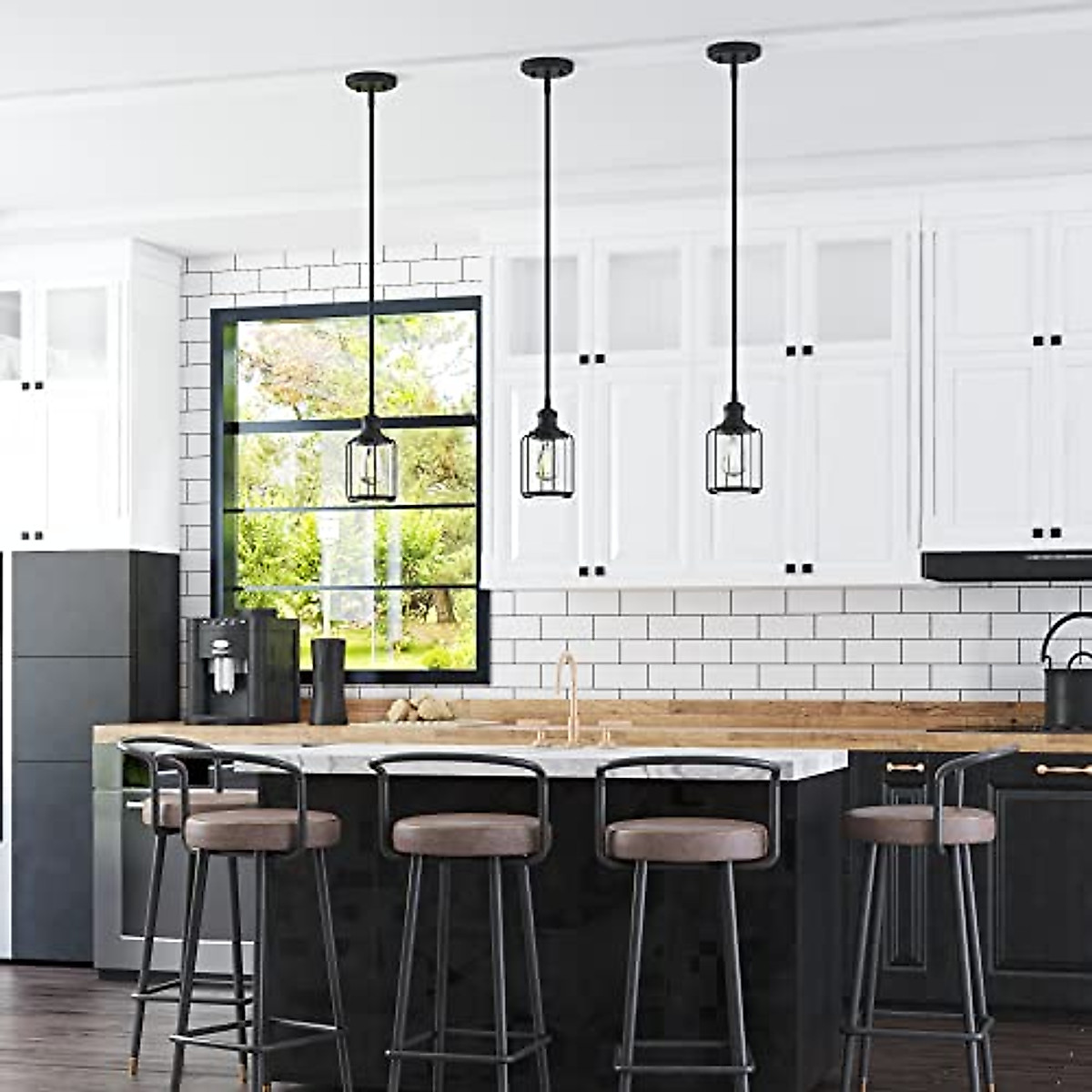 Prominence Home Lincoln Woods 1 Light Matte Black Industrial Pendant Light with Cage and Clear Glass
