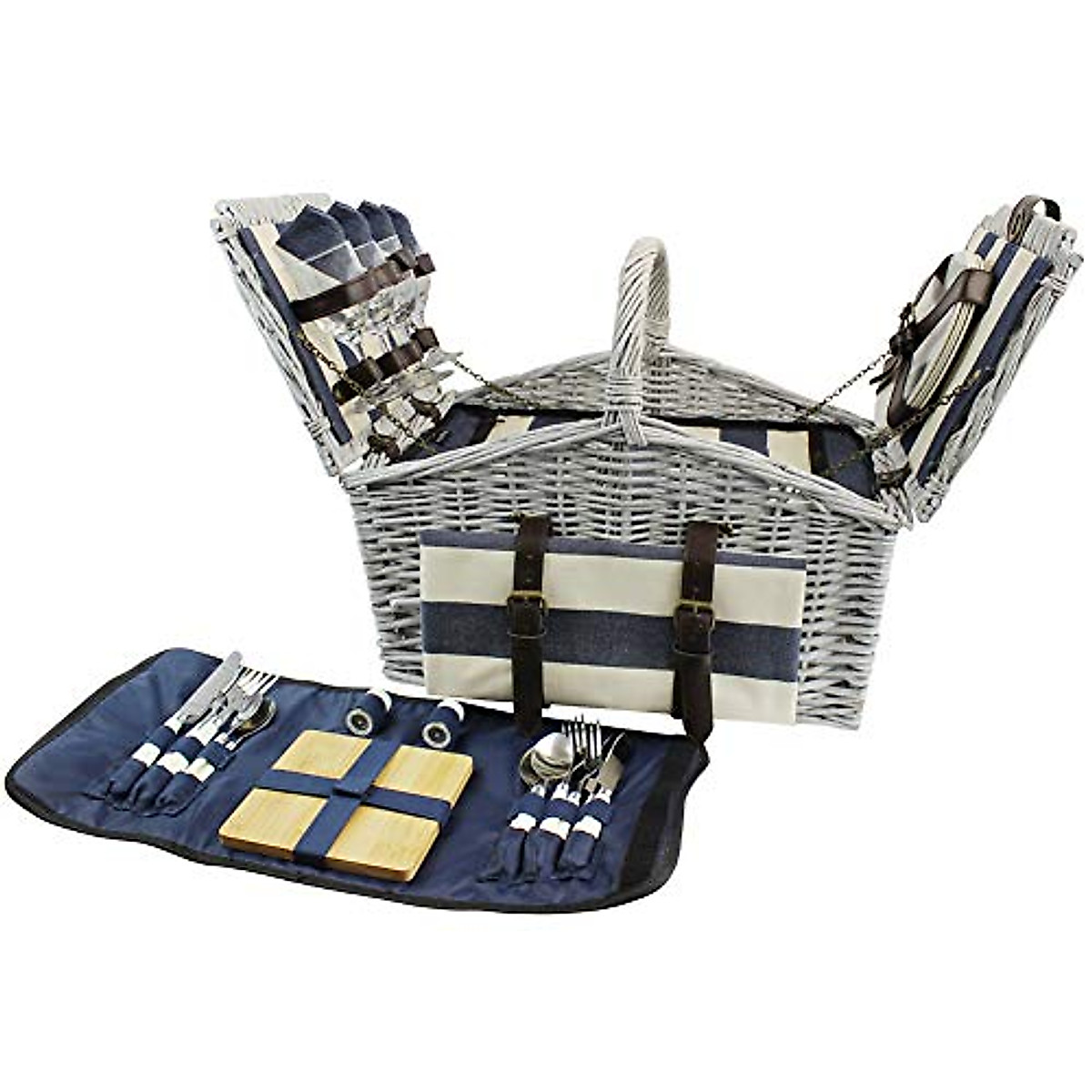 HappyPicnic 'Huntsman' Willow Picnic Hamper for 4 Persons with 'Built-in' Insulated Cooler, Wicker Picnic Basket with Canvas Stripe Lining, Willow Picnic Set, Picnic Gift Basket (Navy Stripe)