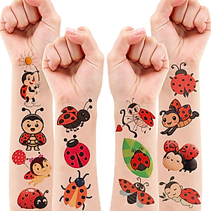 Ladybug Temporary Tattoos Sticker for Kids 8 Sheet (96 Pcs) Bug Themed Birthday Party Decorations Supplies Favors Gifts Ideas for Girls Boys Baby Showers Prizes Cute Beetle Tattoo Classroom Reward