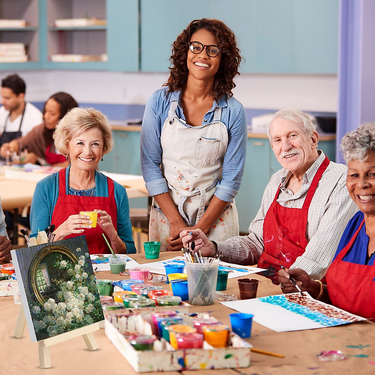 Fuutreo 200 Pcs Mini Canvas and Easel Set 100 Pcs Mini Canvas with 100 Pcs Wooden Easels Mini Stretched Canvas for Painting Canvas Painting Kit for Acrylic Pouring Oil Paint Water Color(4 x 4 Inch)