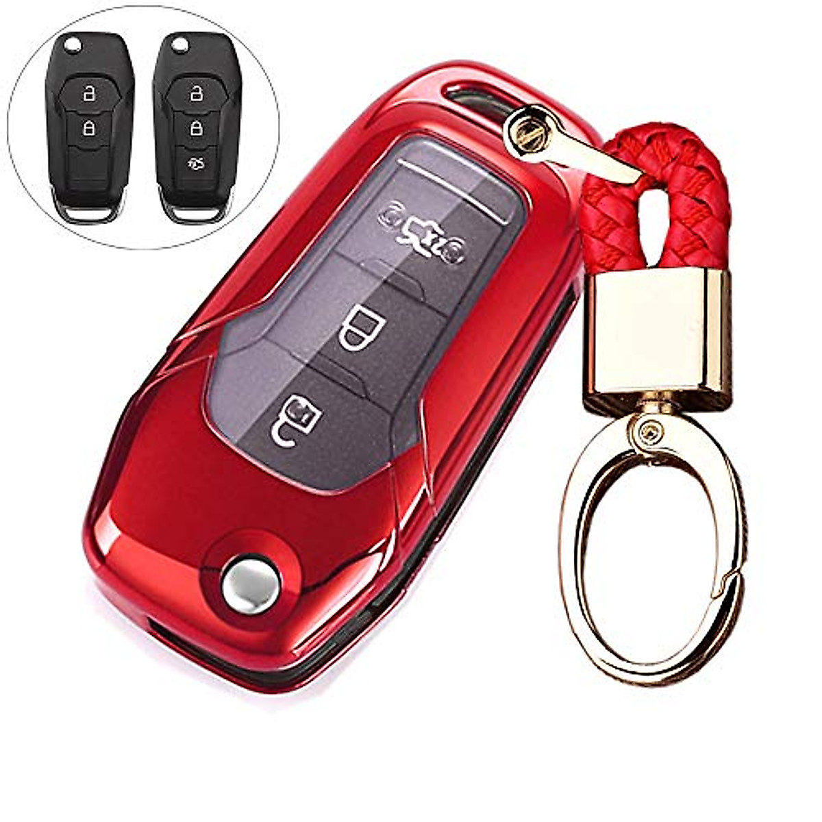 ROYALFOX(TM 2 3 Buttons Soft TPU flip Remote Key Fob case Cover for 2015 2016 2017 2018 2019 Ford F150 F250,Focus 3 Escort Kuga Everest Fiesta Mustang Edge MKV Fusion 2016 Ranger (red)