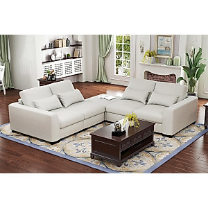 Youmumeub Oversized Modular Sectional Couch with 4 Lumbar Pillows, L Shaped Couches for Living Room, 130" 4 Seater Sofas with Storage Ottoman U Shaped Sofa, Beige