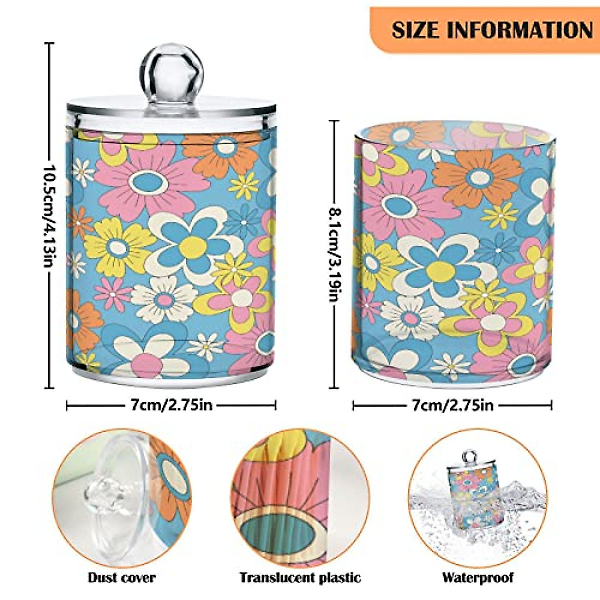 xigua Colorful Flowers 2 Pack Qtip Holder Dispenser with Lid,Apothecary Jars Plastic Cotton Swabs Cans Clear Bathroom Storage Canister for Cotton Ball, Cotton Swab, Cotton Round Pads, Floss