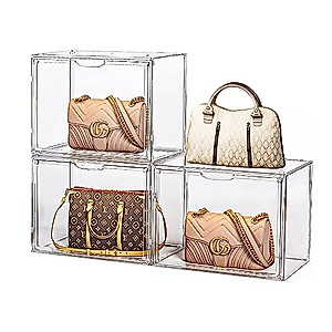 Clear Handbag Storage Organizer for Closet, 3 Packs Acrylic Display Case for Purse/Handbag, Plastic Storage Containers with Magnetic Door, Acrylic Box Organizers for Collectibles, Toys, Figures
