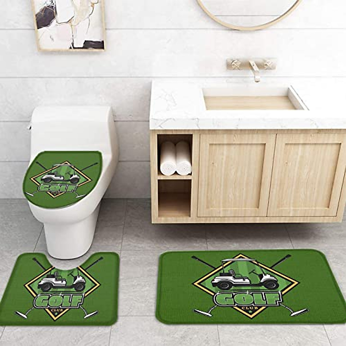 Wohnkutu 4Pcs Bathroom Shower Curtain Set, Balls Sports Theme Bathroom Accessory Shower Curtain Rugs Set, Golf Cart Golf Club Green Ball Field Non-Slip Bath Mat, Toilet Lid Cover, 72"x72"+Samll Set