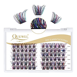 QUEWEL Cluster Lashes 72 Pcs Wide Stem Colored Eyelash Clusters Mixed Colors Lashes Clusters+ C/D Curl 8-16mm Length DIY Eyelash Extension False Eyelashes Natural&Mega Styles