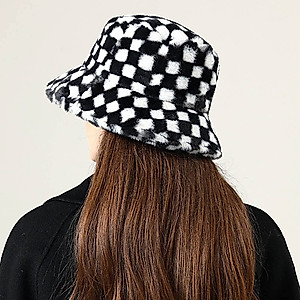 Campsis Winter Faux Bucket Hat Black Checkerboard Wool Fluffy Plush Bucket Hat Thick Fuzzy Fisherman Hat Skiing Cycling Camping Hiking for Women and Girls