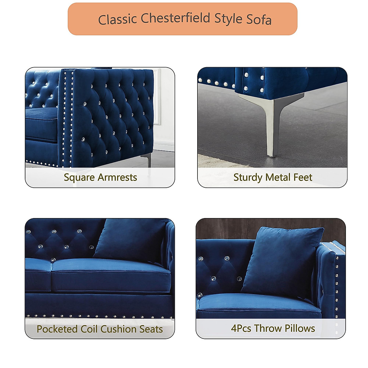 Harper & Bright Designs Velvet Upholstered Three-Seater Sofa, 82.3'' Wide Blue Velvet 3-Seat Sofa with Jeweled Buttons, Square Arm, Two Pillows Included for Living Room, Office