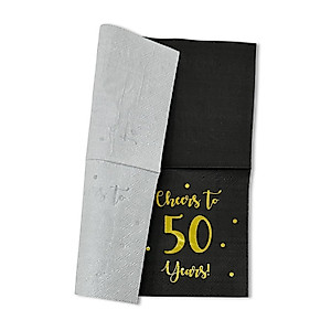 Cheers to 50 Years Cocktail Napkins | Happy 50th Birthday Decorations for Men and Women and Wedding Anniversary Party Decorations | 50-Pack 3-Ply Napkins | 5 x 5 inch folded (Black)