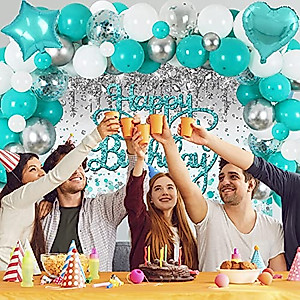 Happy Birthday Decorations Teal Balloon Garland for Girls Birthday Teal and silver Glitter Backdrop Teal Blue Balloons Garland Kit and Teal Dot Disposable Tablecloth