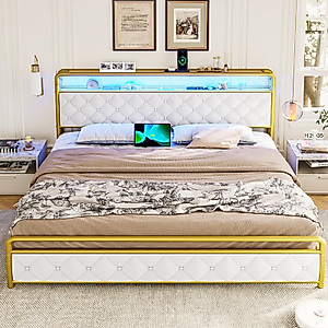 ADORNEVE King LED Bed Frame with Storage Headboard,Upholstered King Size Platform Bed Frame with Power Outlets & USB Ports,Velvet Tufted Headboard & Footboard,Noise-Free,Creamy White & Gold