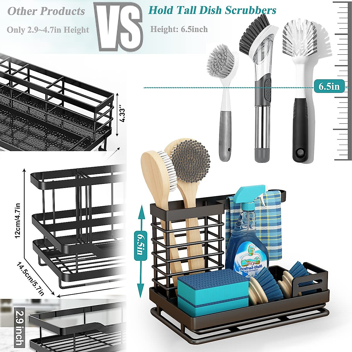 Teemuday Kitchen Sink Caddy, Dry Sink Organizer Drain Rack, Stainless Steel Sponge Holder With Water Tray, Kitchen Counter Storage For Soap, Sponge, Scrubber Brush,Dishes,Bottle Brush