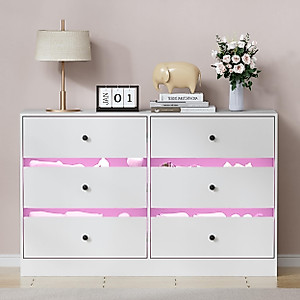 SDMY 6 Drawer Double Dresser, White Bedroom Dresser with LED Light, Baby Dresser for Nursery, Modern Wood Dresser Chest of Drawers for Living Room, Hallway