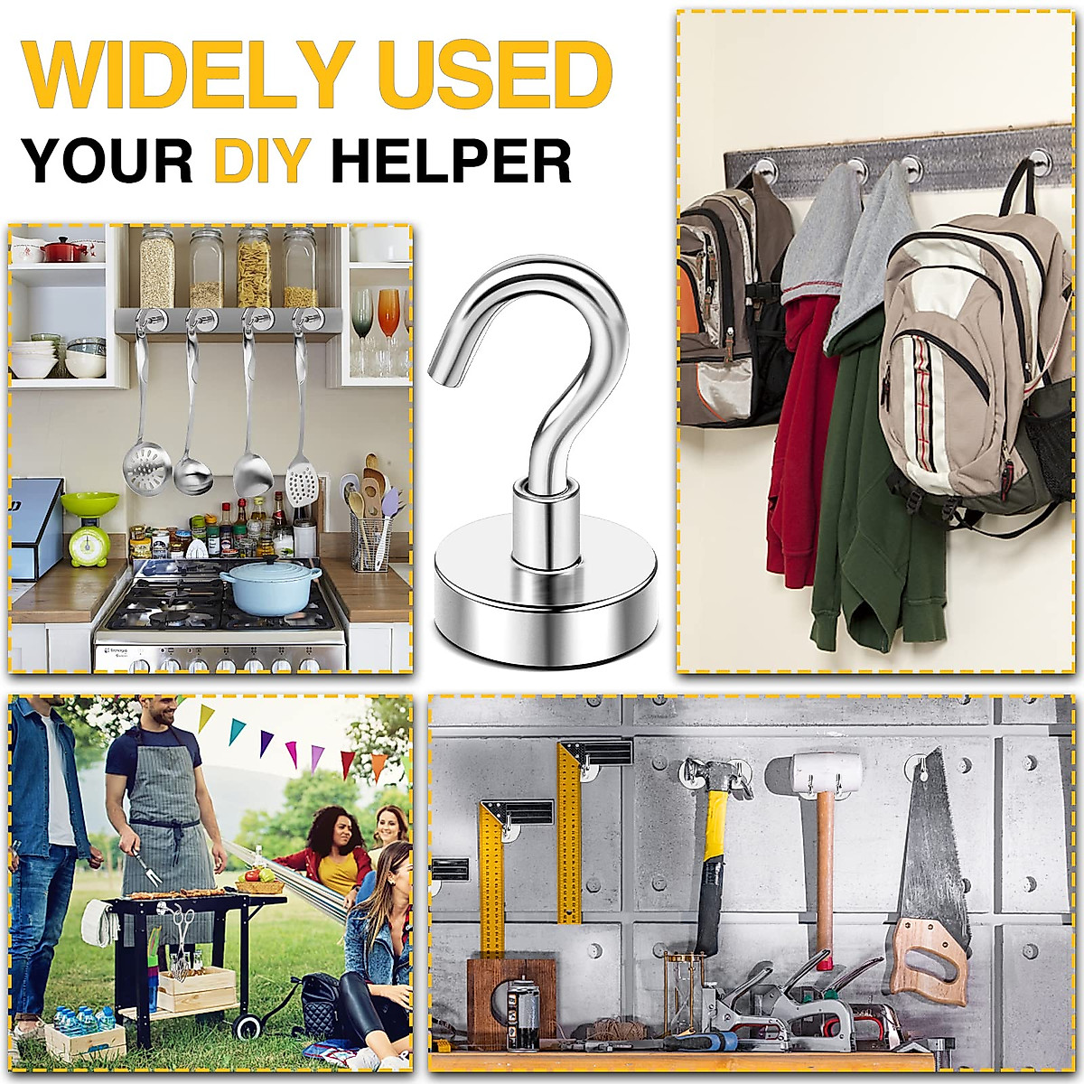 DIYMAG Magnetic Hooks, 25Lbs Strong Heavy Duty Cruise Magnet S-Hooks for Classroom, Fridge, Hanging, Cabins, Grill, Kitchen, Garage, Workplace and Office etc, (6 Pack-Silver),Screw in Hooks