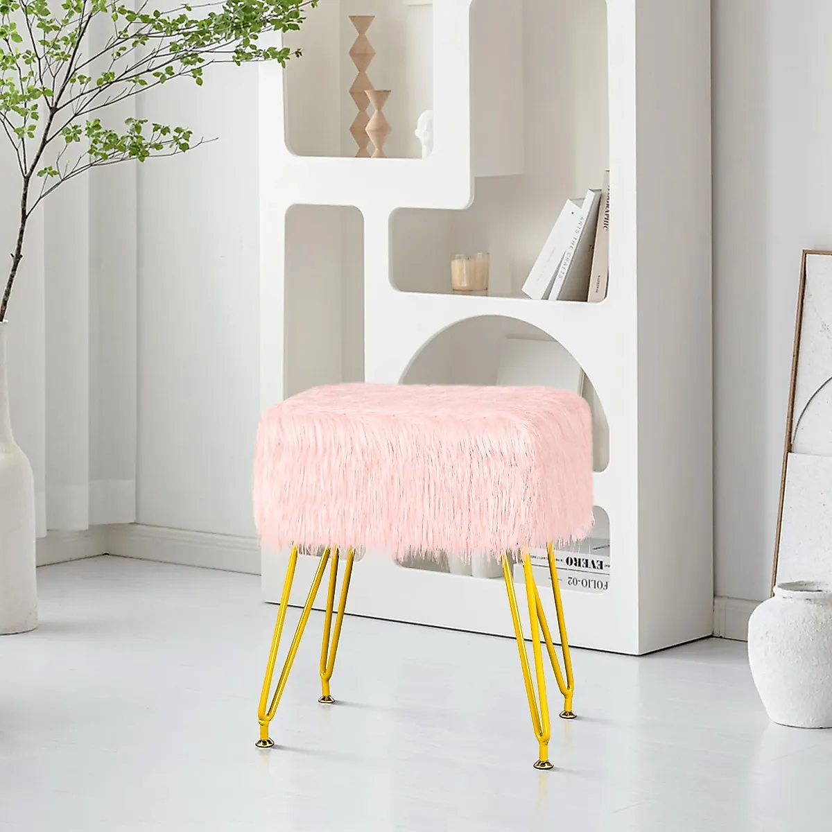 MOOWIND Vanity Stool Chair with Storage, Soft Ottoman Seat Vanity Stool with Anti-Slip Feet, Fluffy Padded Seat Multifunctional Footrest Side Table with 4 Metal Legs for Makeup, Bedroom, Pink