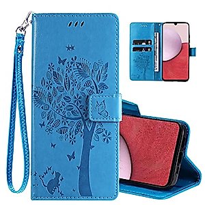 PAOBIR for Samsung Galaxy A14 5G Case,Galaxy A14 5G Wallet Case,Flip Case PU Leather Emboss Love Tree Cat Flowers Wrist Strap Credit Card Folio Kickstand Cover for Samsung Galaxy A14 5G Blue