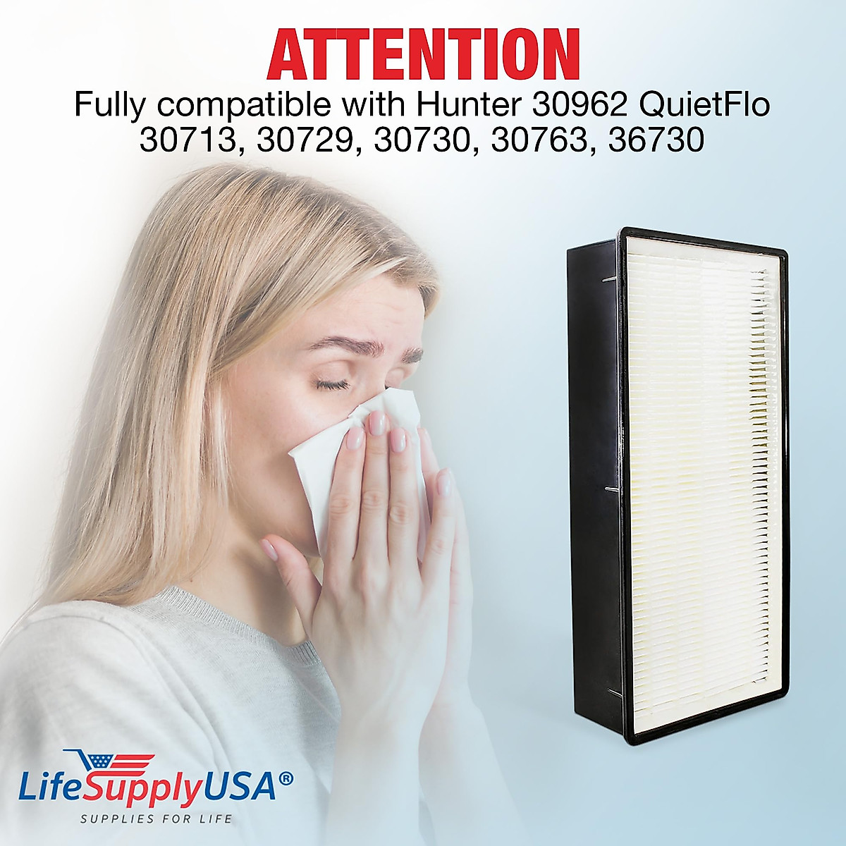 LifeSupplyUSA True HEPA Filter Replacement Compatible with Hunter 30962 QuietFlo 30713 30729 30730 30763 36730 Air Purifier