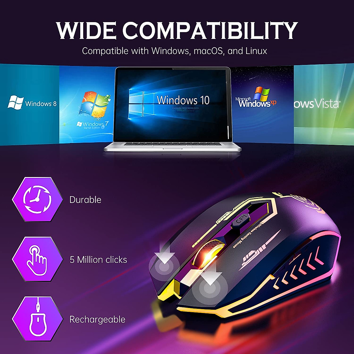 UHURU Wireless Gaming Mouse Up to 10000 DPI, Rechargeable USB Wireless Mouse with 6 Buttons 7 Changeable LED Color Ergonomic Programmable MMO RPG for PC Laptop, Compatible with Windows Mac