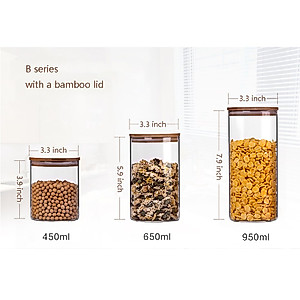 Newerlives Air Tight Storage Jar, Glass Storage Tank with a Natural Bamboo Lid, 450 ML, 650 ML, 950 ML (Bamboo, 450ML)