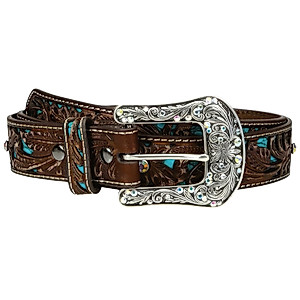 Ariat Women's Blue Inlay Floral Bling Belt, Brown, Small