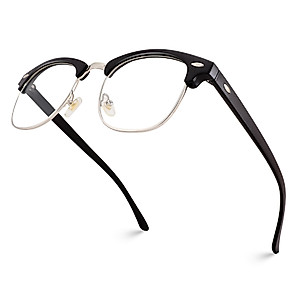 COASION Vintage Semi-Rimless Clear Glasses Fake Nerd Horn Rimmed Eyeglasses Frame (Matte Black/Silver Rimmed)