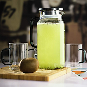 LUXU 42oz Glass Pitcher Set,Contain a 42oz Glass Pitcher and 4 coffee mugs with Dark Green Handle,Premium Kettle set for Daily Use,Pretty Teapot Idea For Tea Lovers