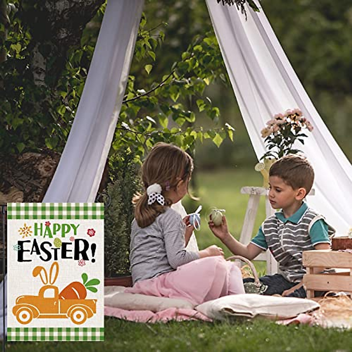 Happy Easter Truck Garden Flag, Spring Vertical Double Sized Burlap Flag for House Yard Outdoor Decor 12.5 x 18 Inch