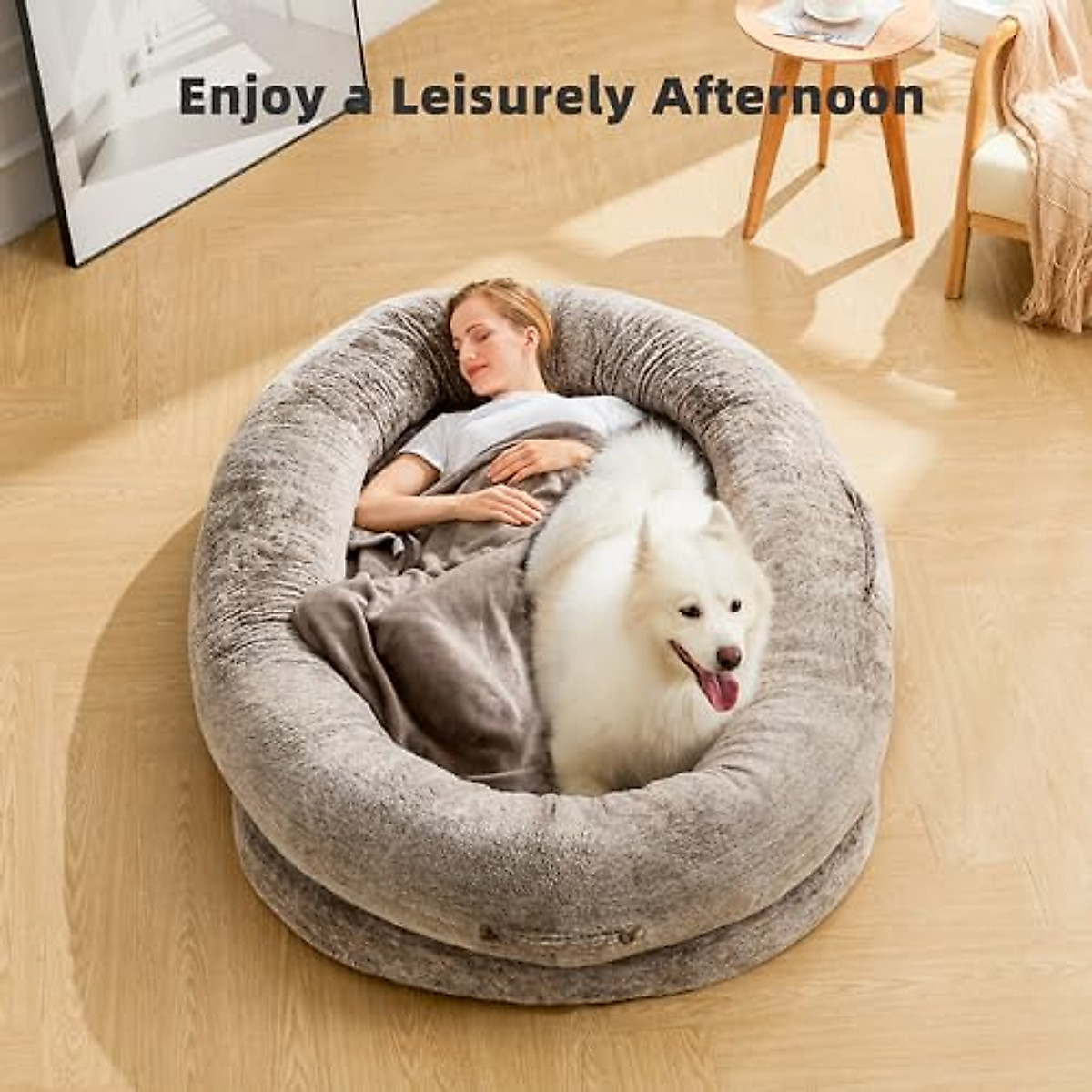 Human Size Dog Bed - 71''x47''x12.5'', Washable Faux Fur, Orthopedic, Plump Pillow, Blanket, Brown